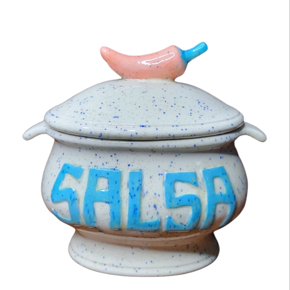 Kitchen | Ceramic Salsa Bowl With Lid Speckled White And Blue | Poshmark